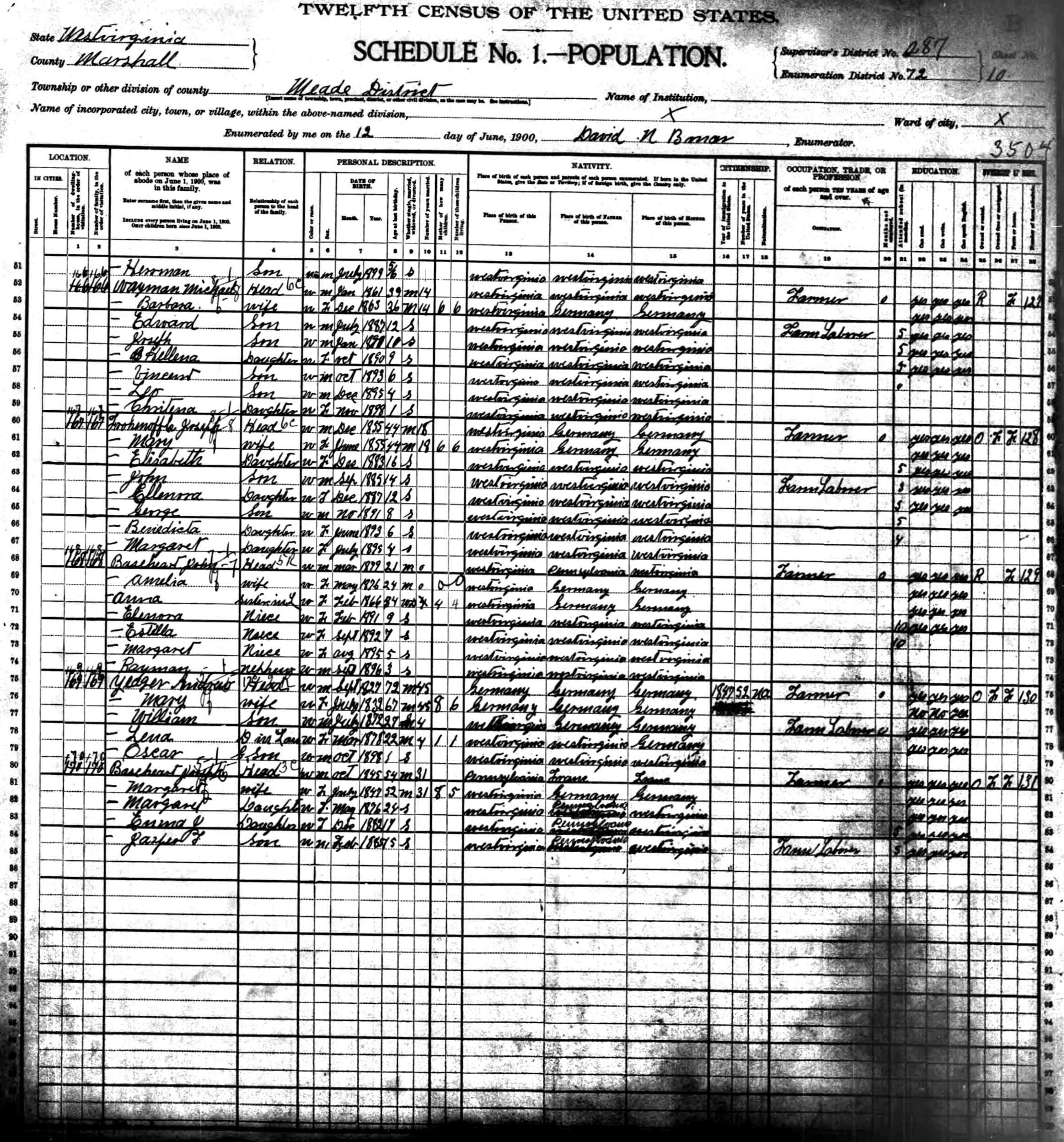 Marshall County, West Virginia 1900 Meade District Census