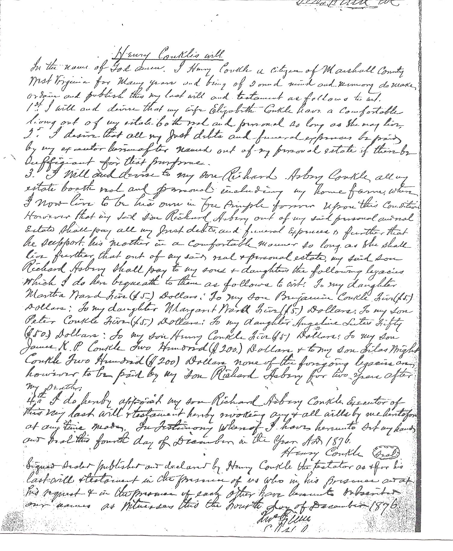 Will, Marshall County, WV Genealogy Page