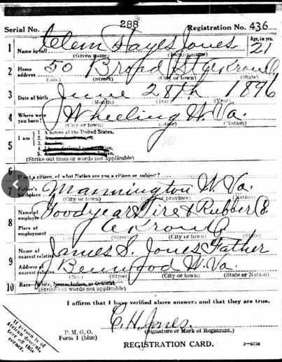 Clem Hayes Jones, WWI, Marshall County, West Virginia