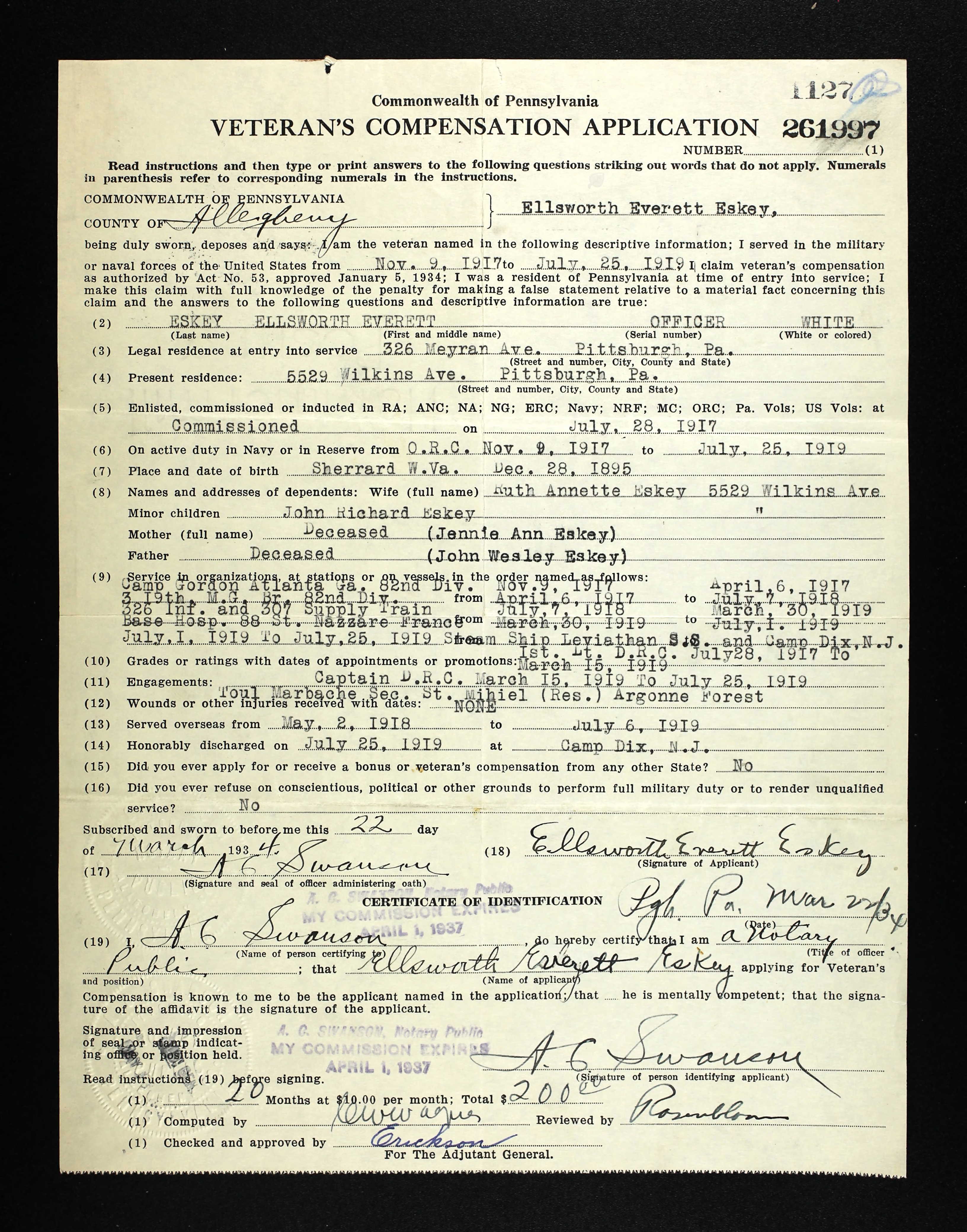 Eskey Brothers in World War I, Marshall County, WV Genealogy Page