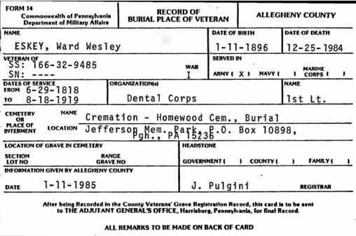 Eskey Brothers in World War I, Marshall County, WV Genealogy Page