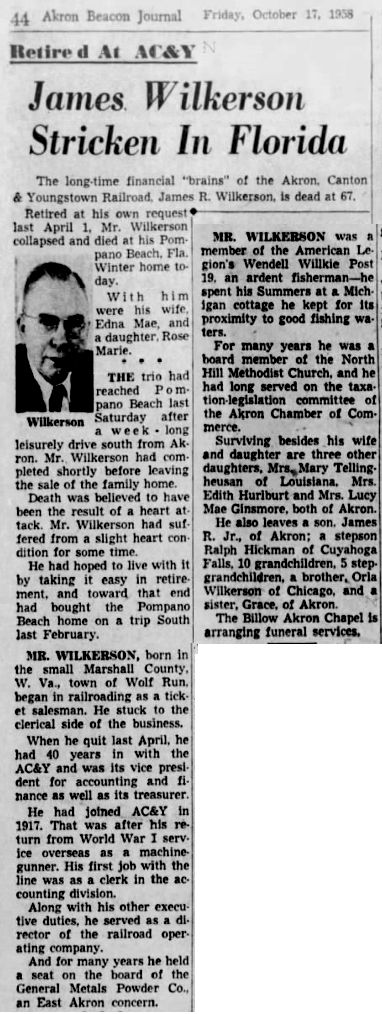 James Ralph Wilkerson, WWI, Marshall County, WV Genealogy Page