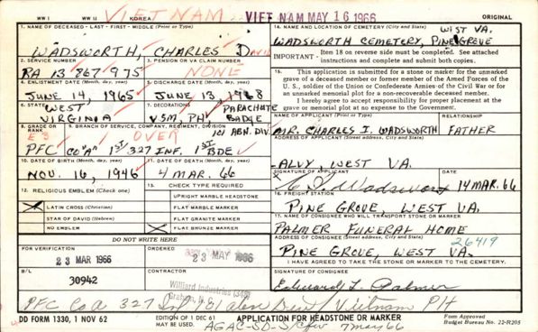 Charles David Wadsworth, Tyler County, WVGenWeb