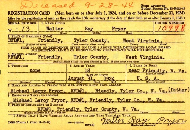Walter Ray Pryor, Tyler County, WVGenWeb